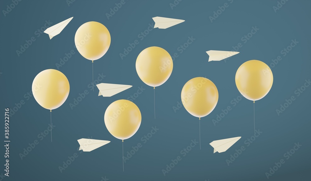 Paper airplanes flying between yellow balloons. A 3d render. Stock ...