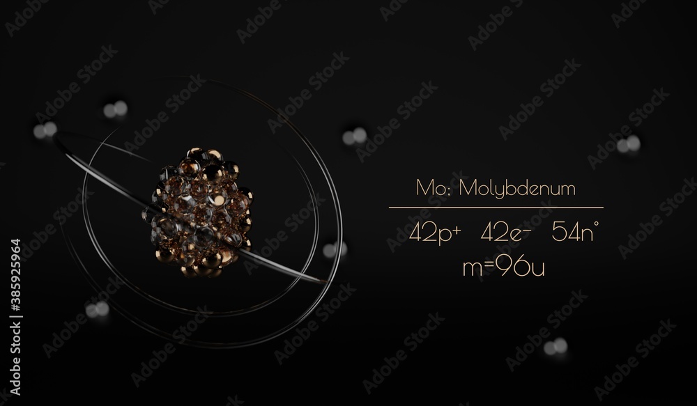 A stylized Molybdenum atom visualization, with the number of protons ...