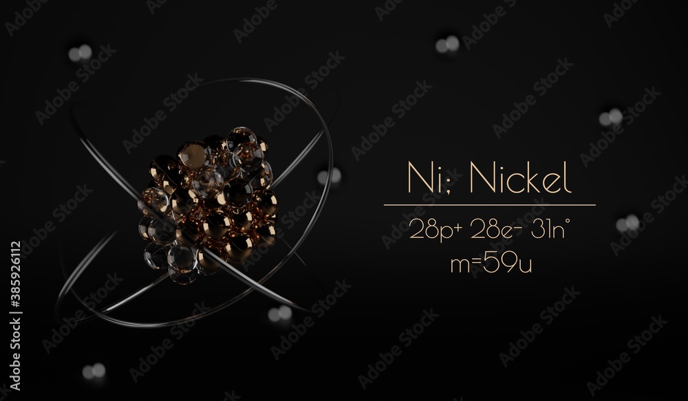 A stylized Nickel atom visualization, with the number of protons ...