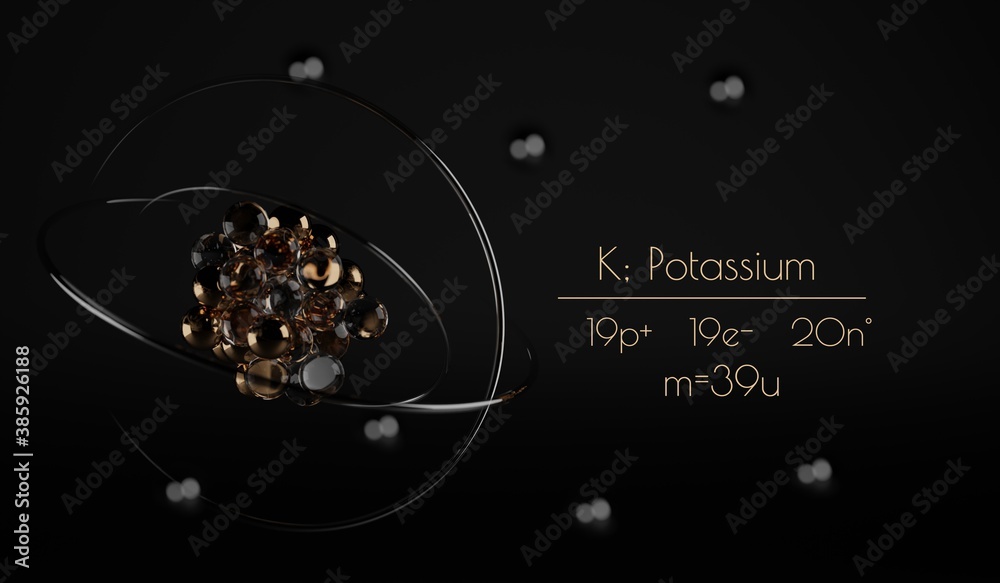 A stylized Potassium atom visualization, with the number of protons ...