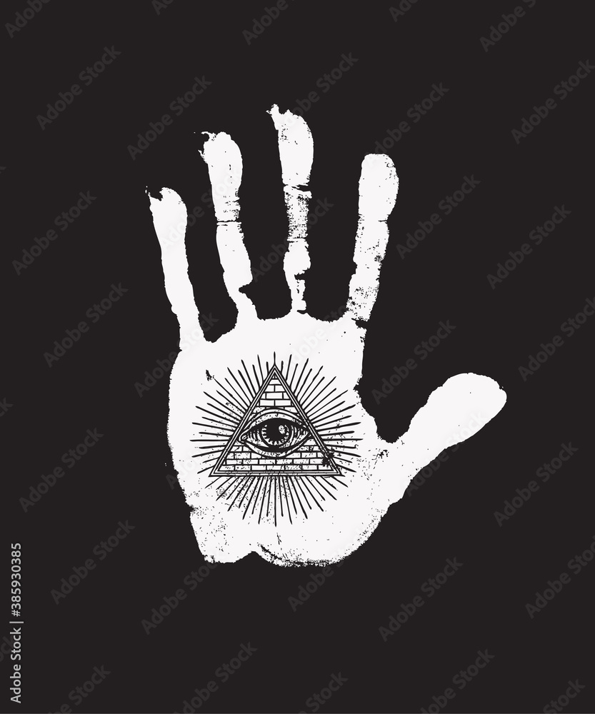 White print of a human hand with all seeing eye symbol on the black ...