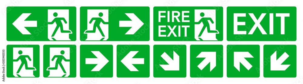 Fire exit signs set. Green emergency symbols on white background ...