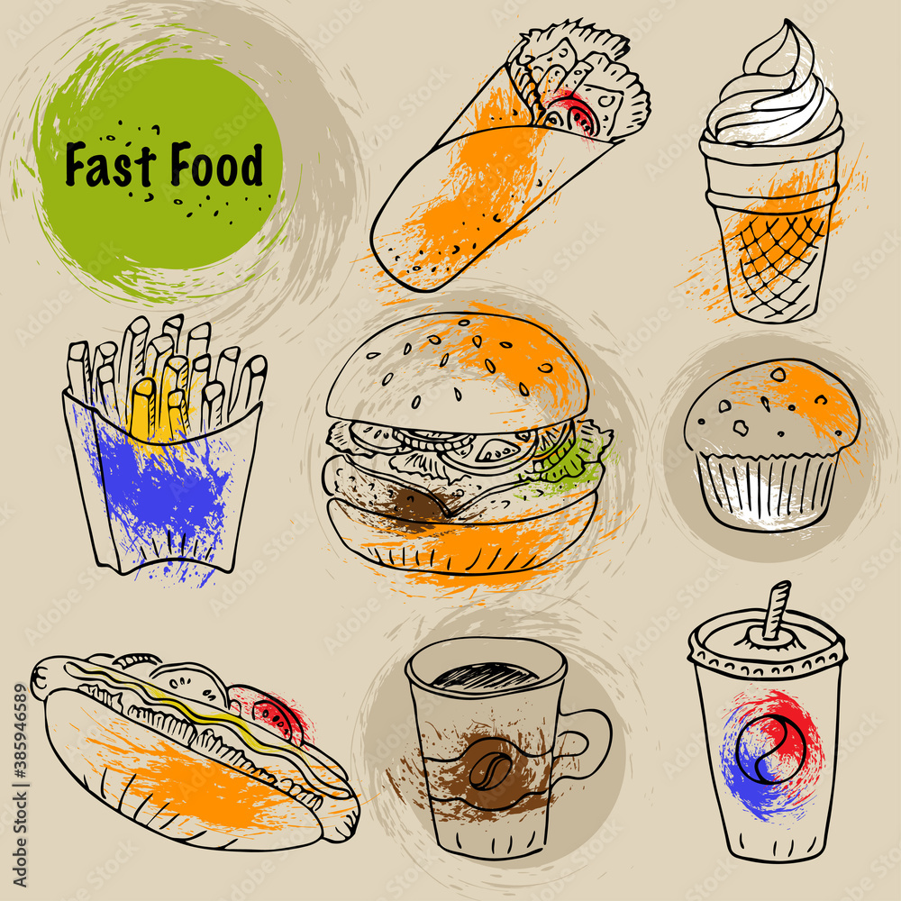 Hand drawn fast food doodle set with colorful pait splashes Stock ...