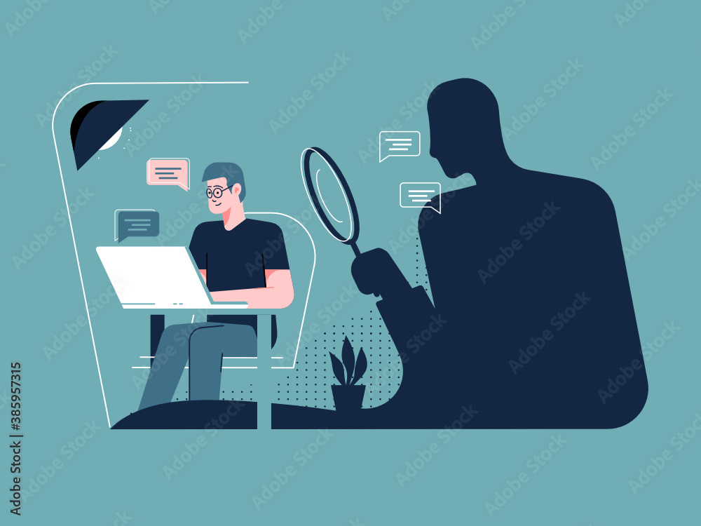 Vetor de Internet stalking illustration concept. Person sitting on a ...