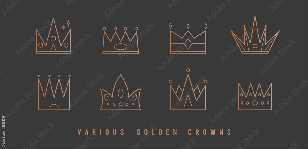 Various Outline Gold Crowns. Golden gradient. Minimalistic Icons ...