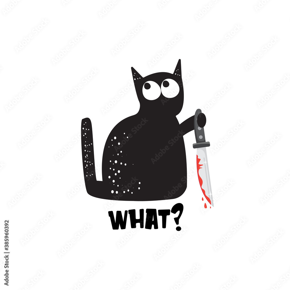 Vecteur Stock Black Cat And Knife Isolated On White Background Funny Halloween Black Cat