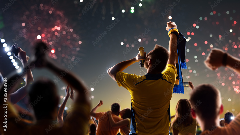 Fans celebrate in Stadium Arena night fireworks Stock Photo | Adobe Stock