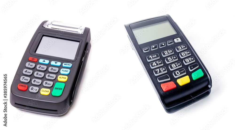 Pos terminal on light background. Banking equipment. Acquiring ...