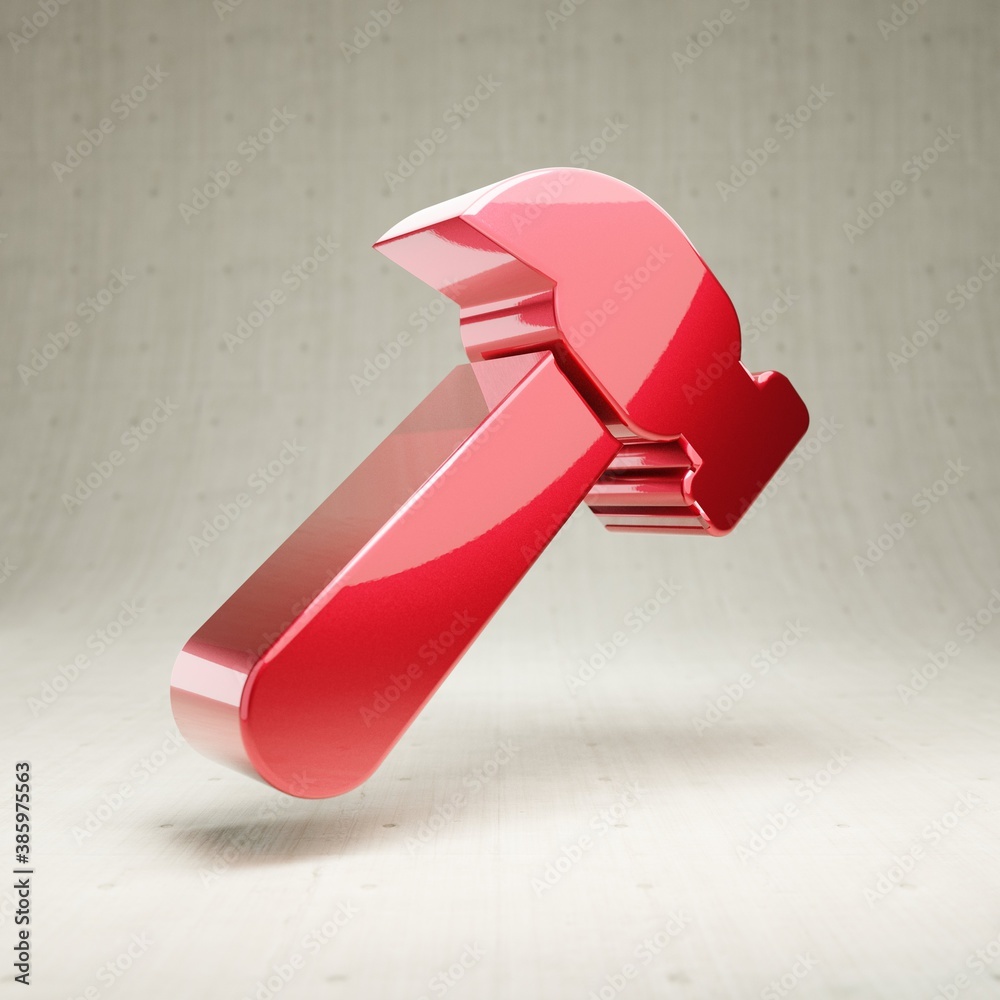 Hammer icon. Red glossy metallic Hammer symbol isolated on white ...