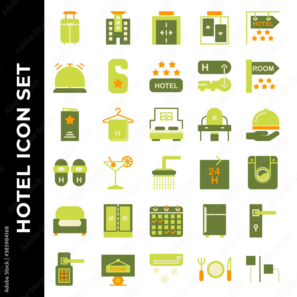 Hotel icon set include suitcase, hotel, elevator, bell, door hanger ...