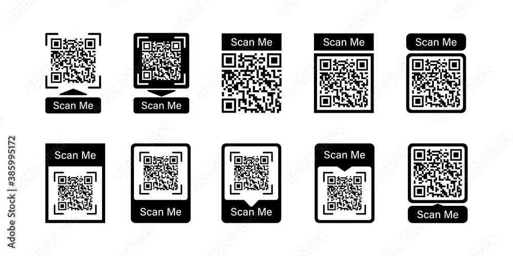 Qr code frame vector set. Scan me phone tag. Barcode smartphone id icon. Cellphone qrcode banner ...