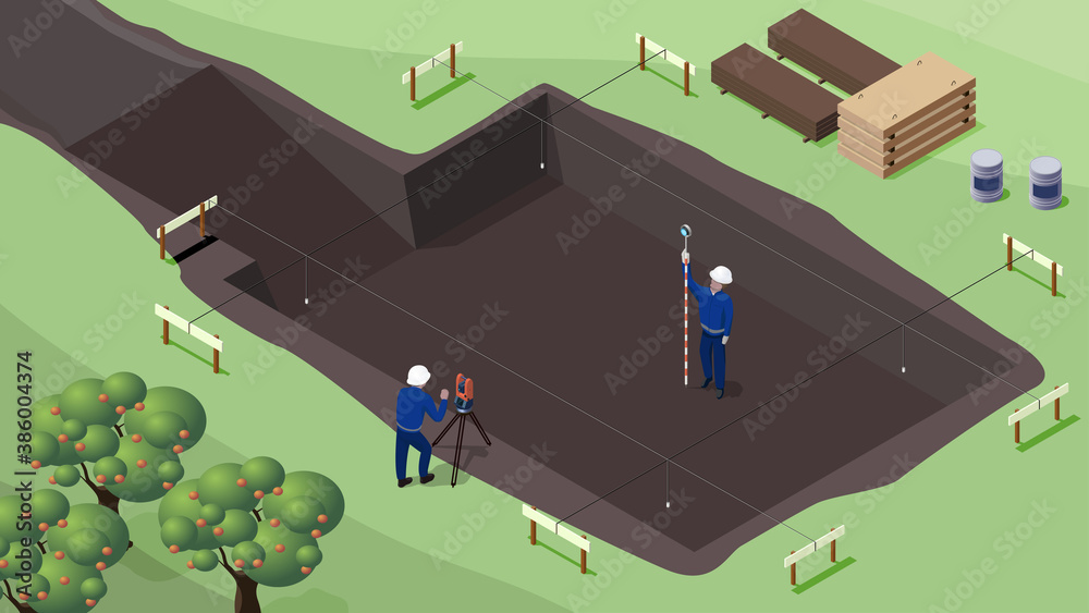 Stockvector Surveyor is working on construction site. Breakdown ...