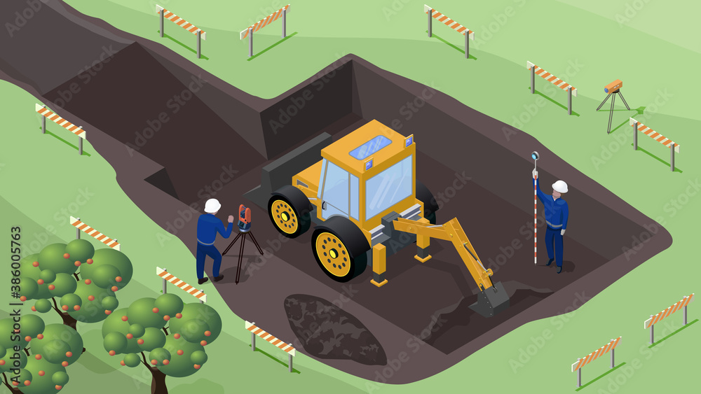 Excavator on a construction site in isometric. Surveyor with total ...
