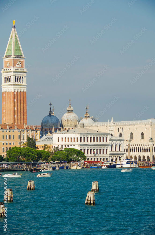 Panoramic scenic view of Venice Venezia skyline with bell towers, old ...