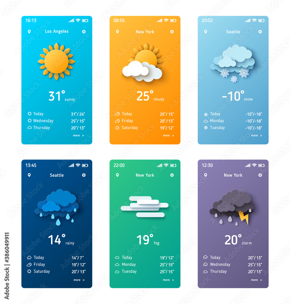 Weather forecast app widgets set. Vector illustration. Daily ...