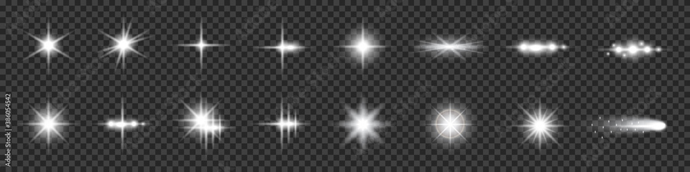 Set of bright beautiful stars. Optical lens glowing flashlight effect ...