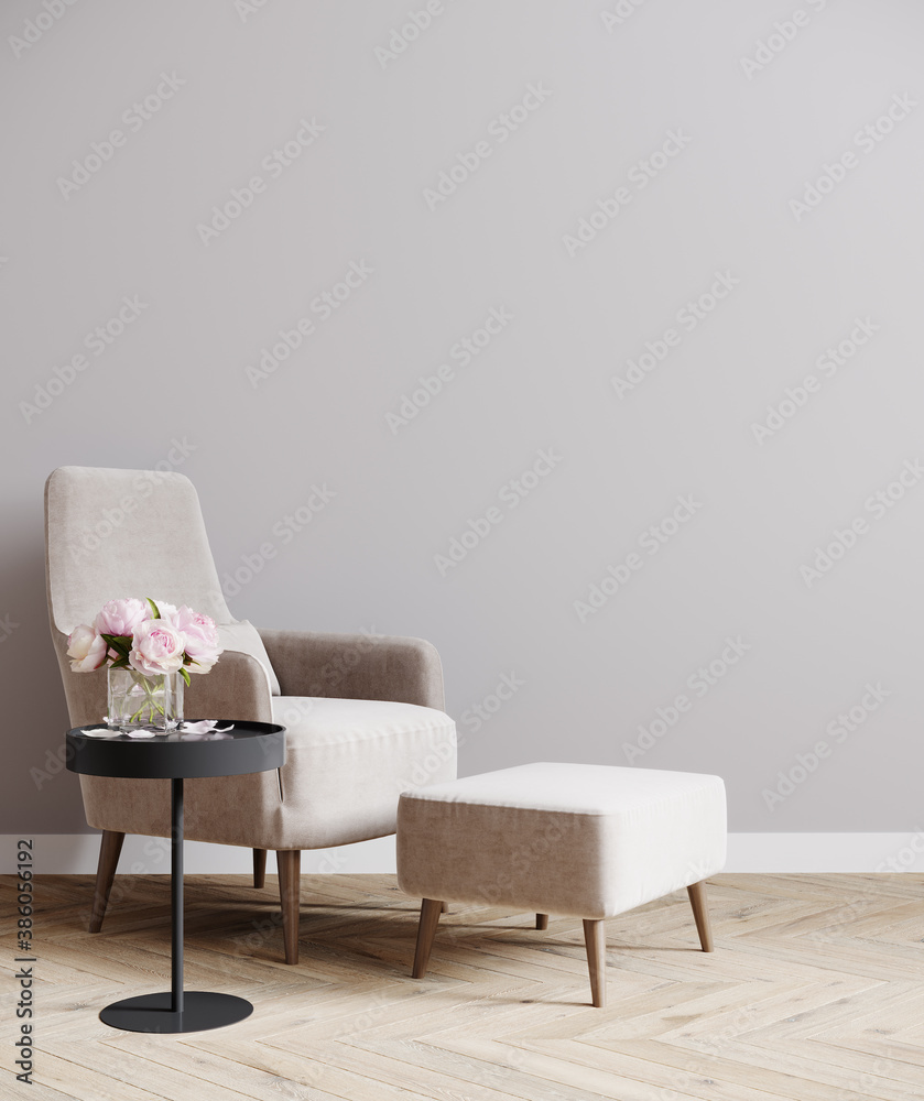 Bright minimalistic empty room interior design with luxury pink chair ...