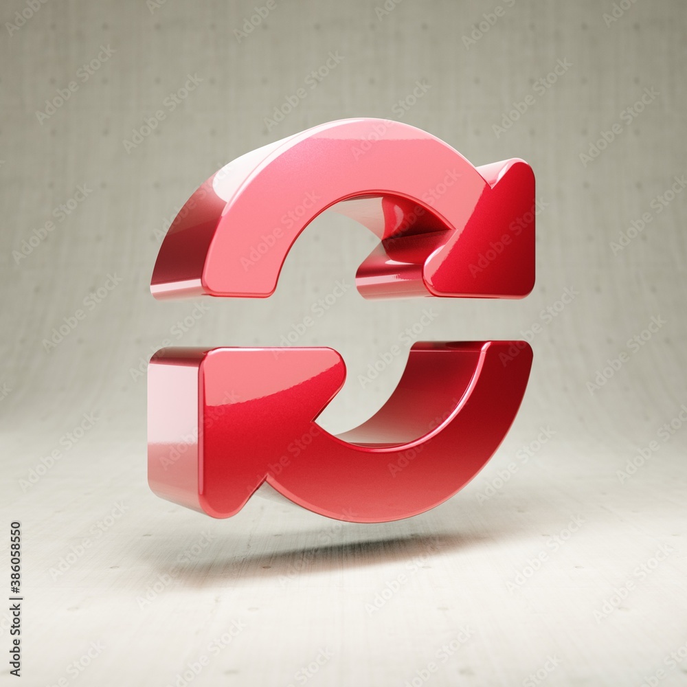 Sync icon. Red glossy metallic Sync symbol isolated on white concrete ...