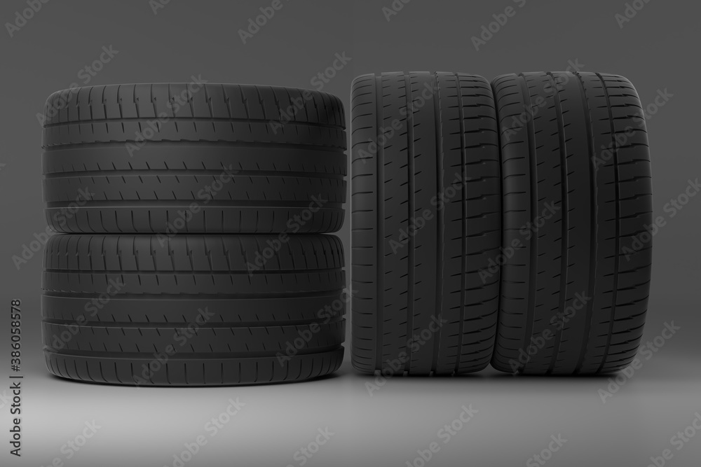 stack of tires isolated on white and black background, cgi render image ...