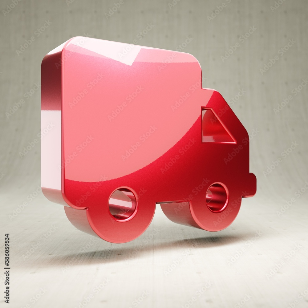 Truck icon. Red glossy metallic Truck symbol isolated on white concrete ...