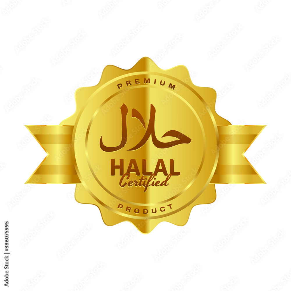 Vector golden halal-certified badges with Arabic writing and ribbon ...