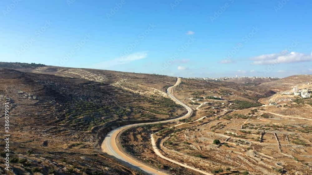 Israel Palestine border in the mountains of jerusalem - aerial view ...