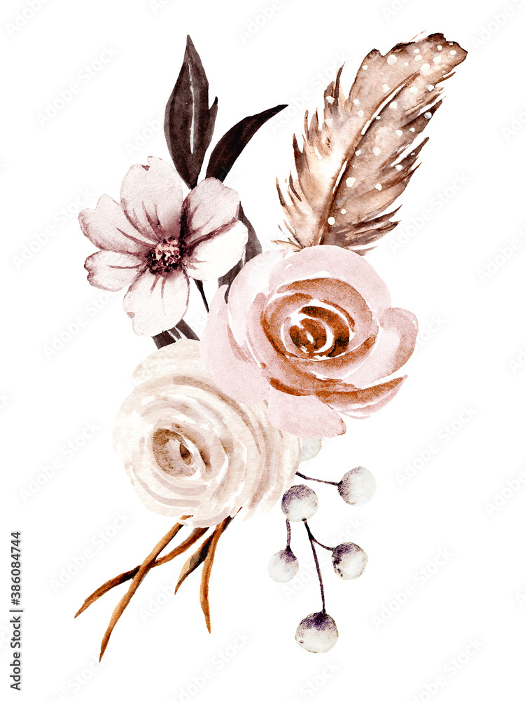 Flowers watercolor, floral beige and brown illustration. Perfectly for ...