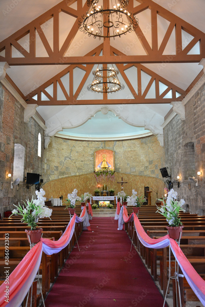 Bosoboso church interior with bench seat in Antipolo City, Philippines ...