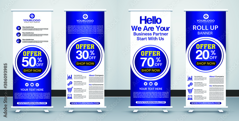 Roll up banner stand template design, blue banner layout, advertisement ...