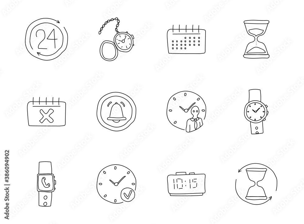 time hand drawn linear vector icons isolated on white background. time ...