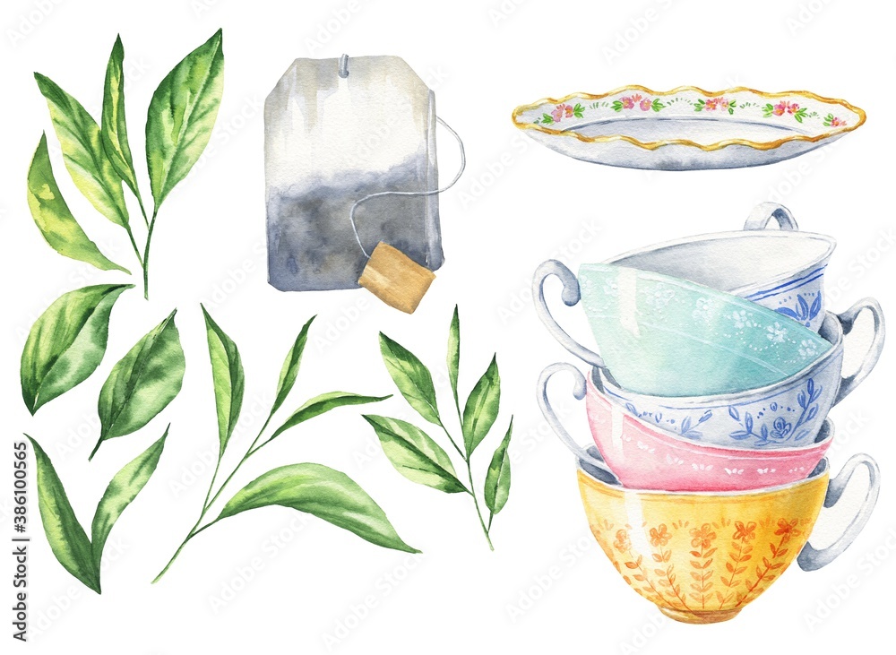 Watercolor tea set with cups, leaves and bag on white background ...