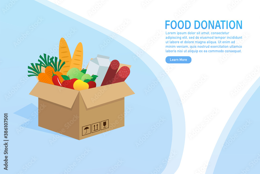 Cartoon food donation for flyer design. Food in carton box. Cartoon ...