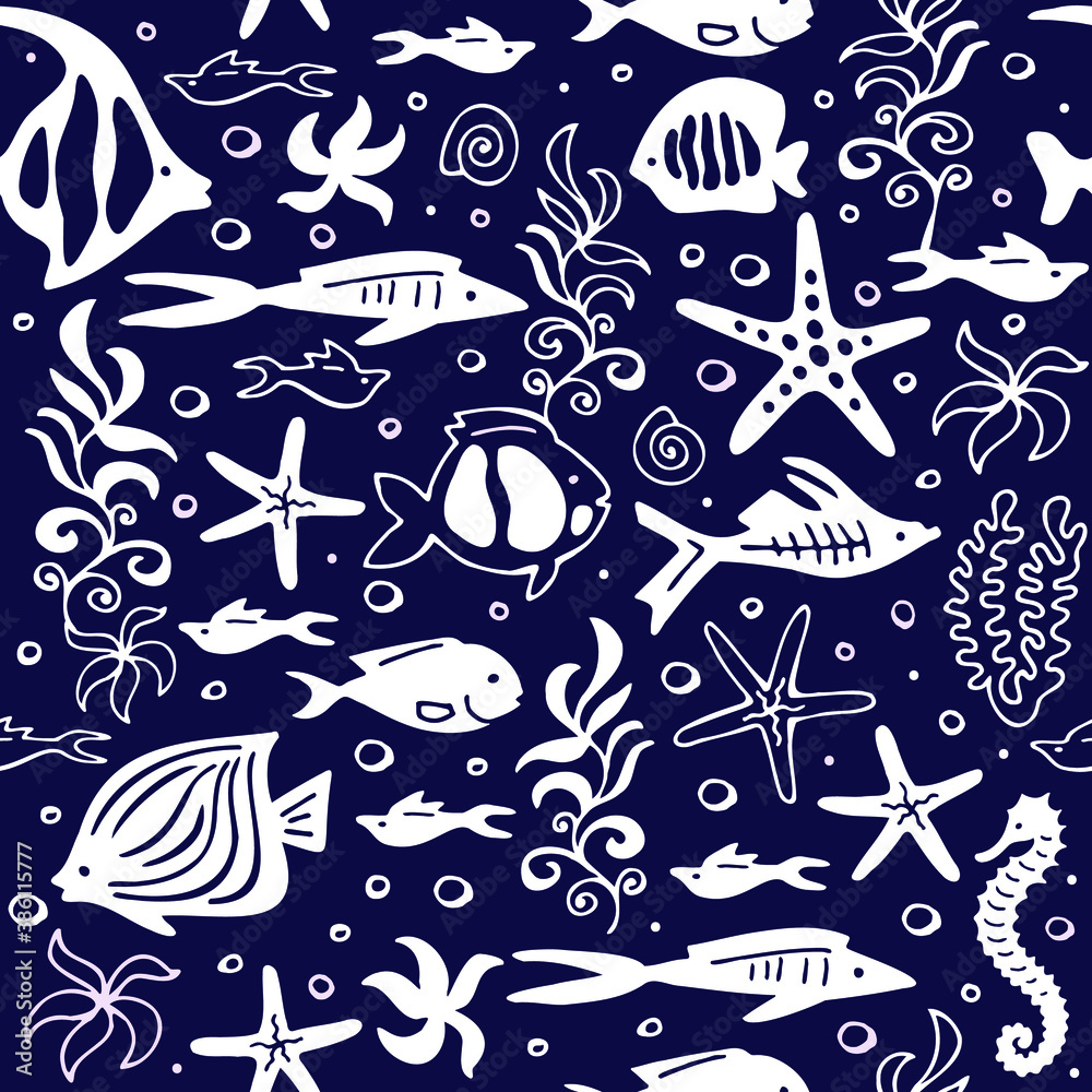 Graphic seamless sea pattern with cute white fishes on a blue ...