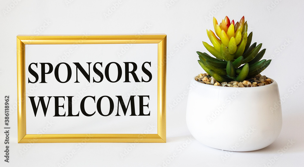 WELCOME SPONSOR words written on a golden photo frame, next to a cactus ...