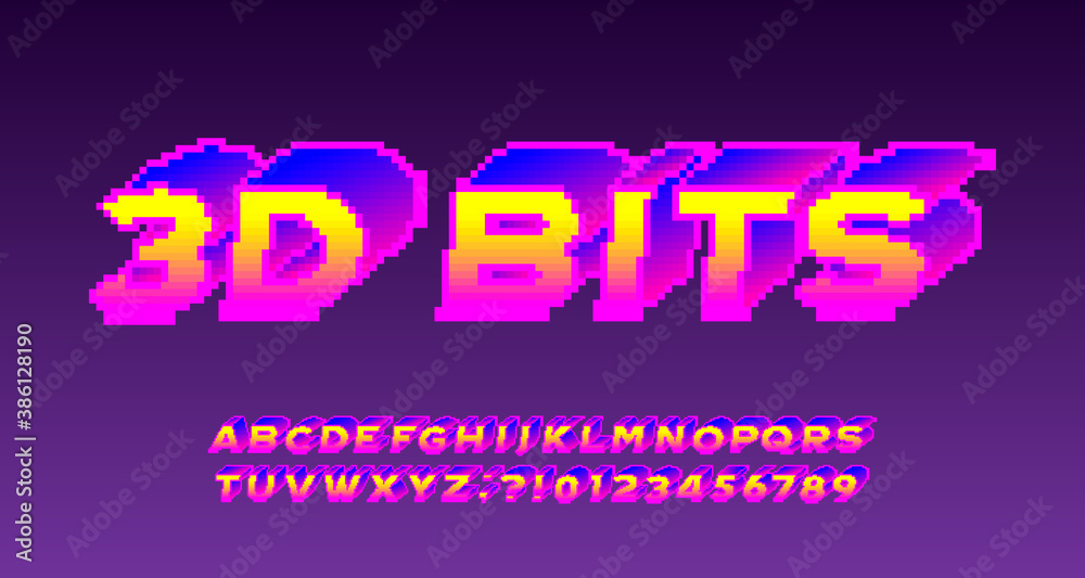 3D Bits alphabet font. Pixel letters, numbers and symbols. 80s arcade ...