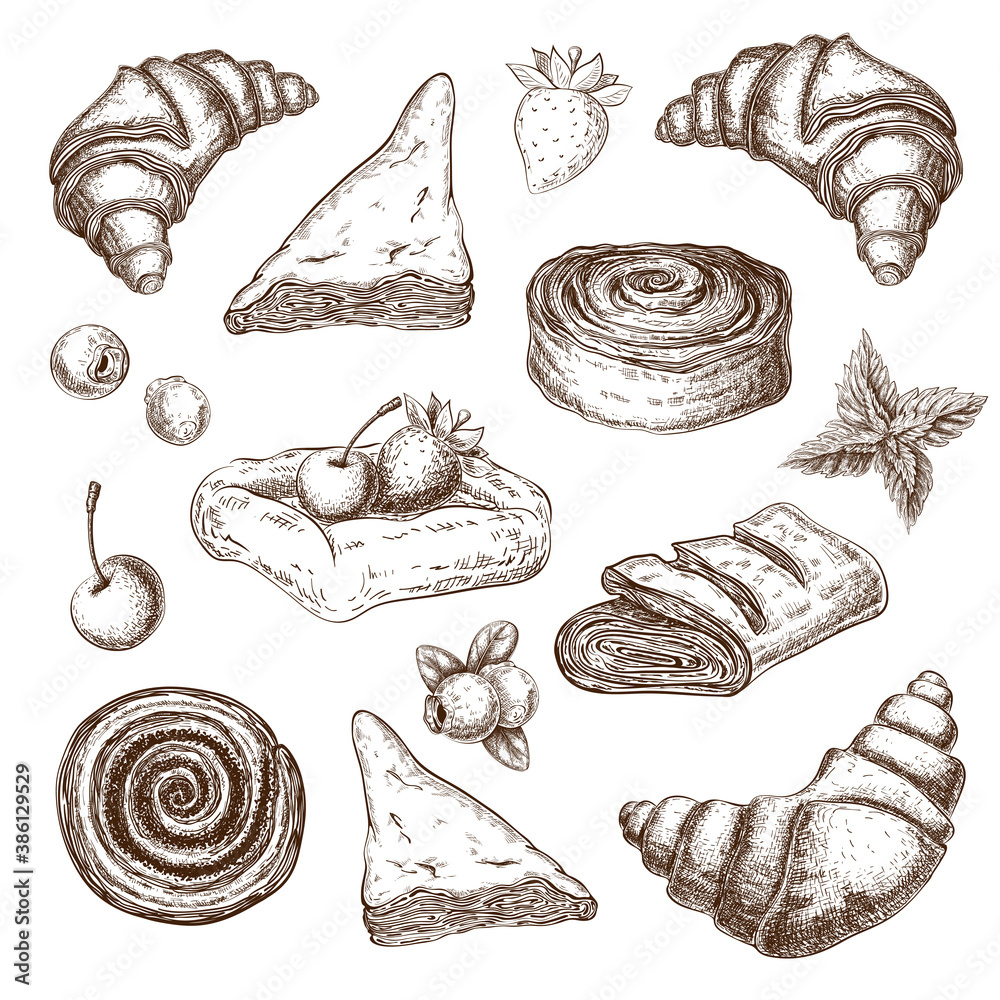 puff pastries sketch collection isolated on white. Pastry with berries ...