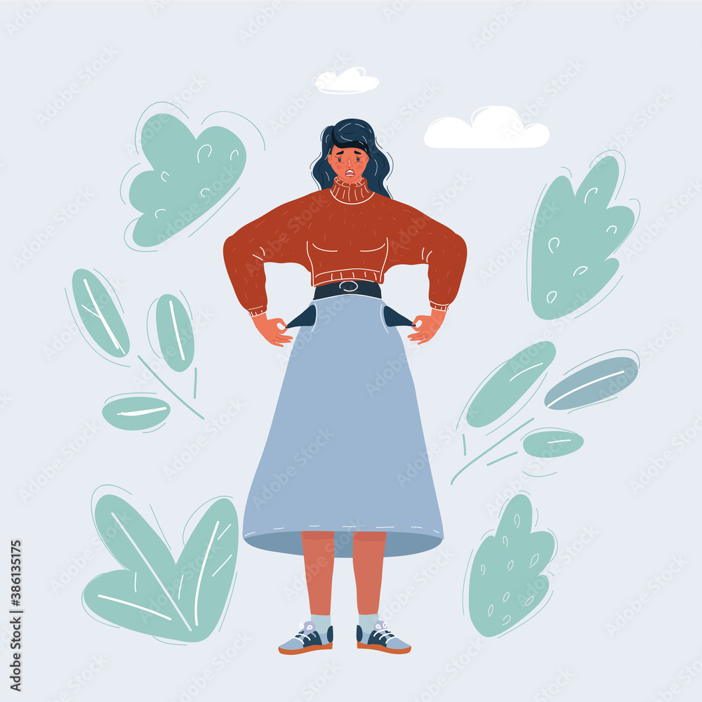 Sad woman with empty pockets after pickpocket robbery, safety cartoon ...
