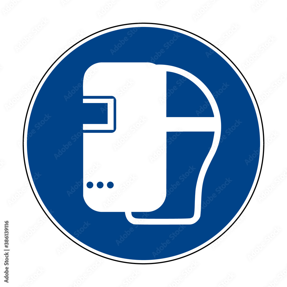 Wear welding mask sign. Vector illustration of circular blue sign with ...