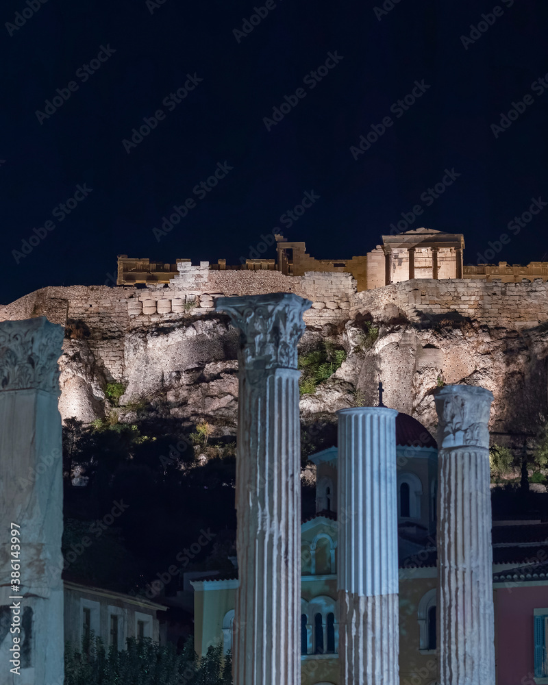 night view of ancient Greek temple on Acropolis of Athens, Greece Stock ...
