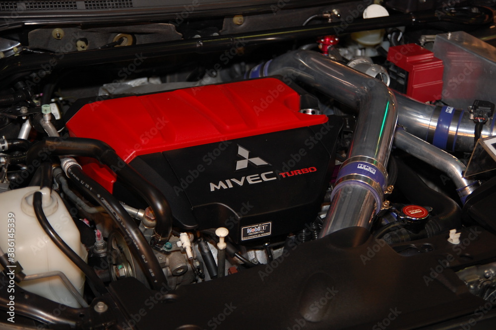 Mitsubishi Lancer Evolution car engine at Manila Auto Salon on November ...