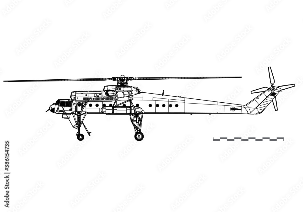 Mil Mi-10 Harke. Vector drawing of military heavy transport helicopter ...