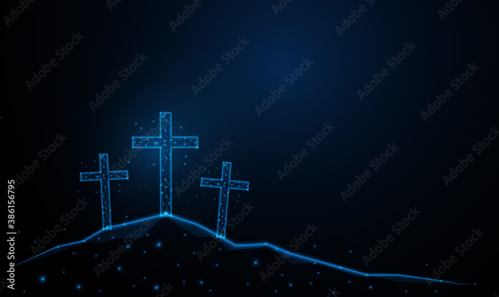 Abstract glowing blue cross. Crucifixion Of Jesus Christ. Low polygon ...