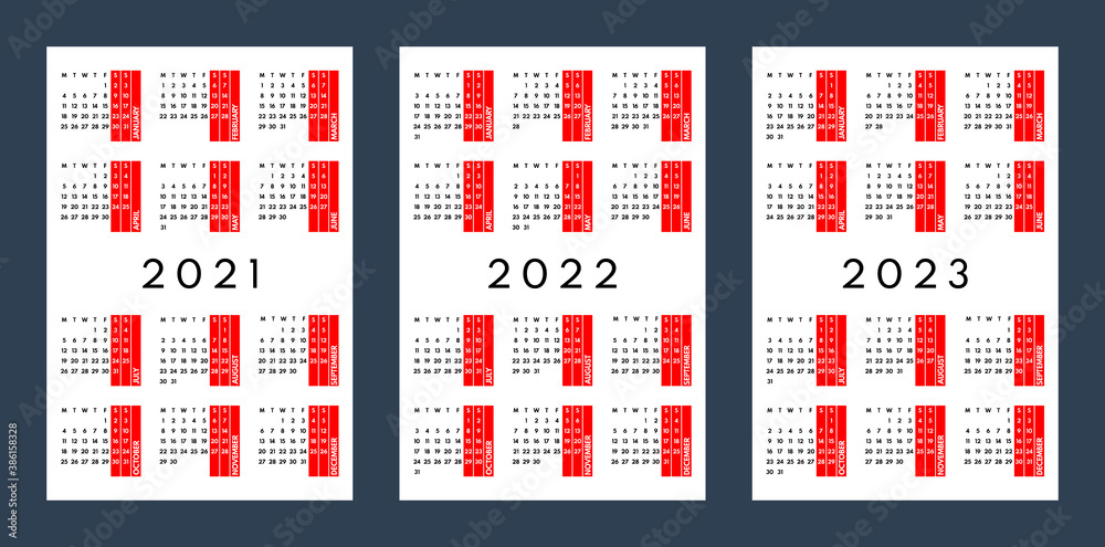 2021 2022 2023 pocket calendars set, monday first Stock Vector | Adobe ...