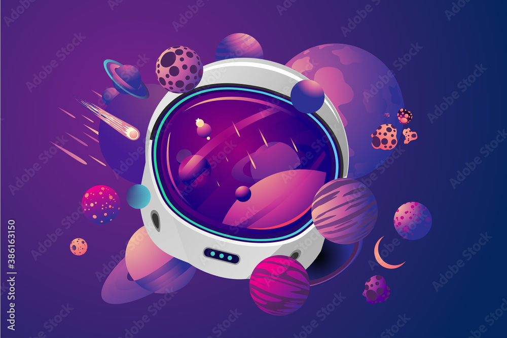 Space helmet on isolated background with planet. Astronaut spacesuit ...