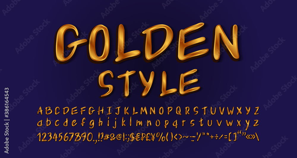 Golden handwritten font. Elegant alphabet letters, numbers and symbols ...