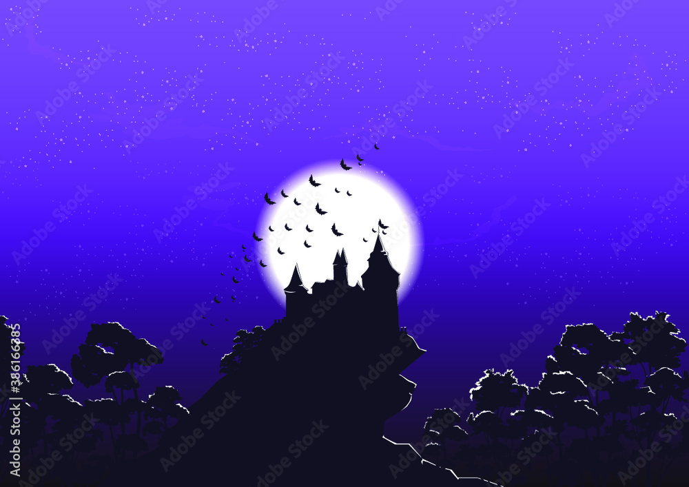 full moon over the cursed vampire castle vector Halloween night ...