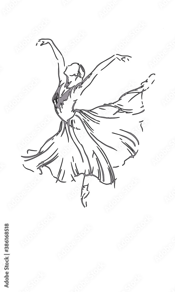 delicate pose of a ballet dancer with black lines and gray filled areas ...