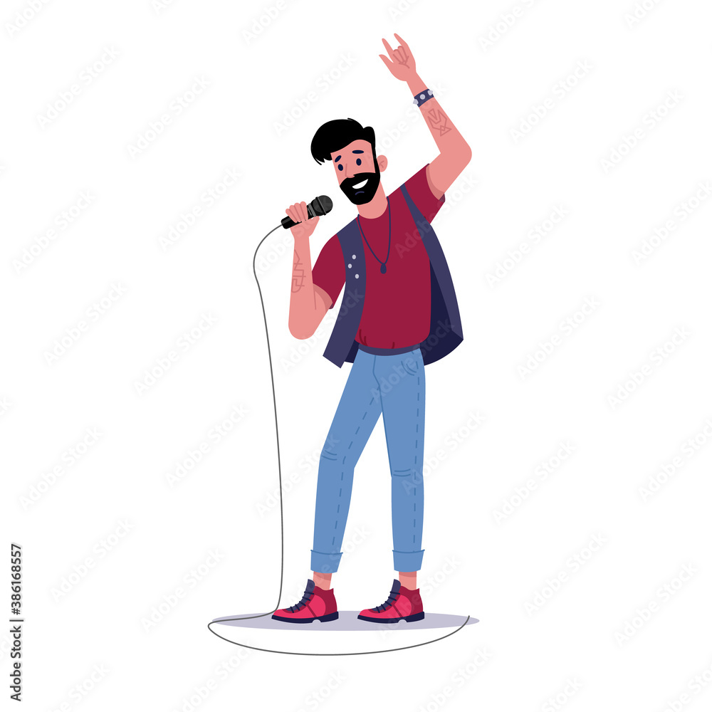 Rock soloist singing into microphone isolated bearded man singer ...
