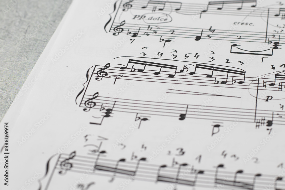 music notes background. Music sheet background, side view Stock Photo ...