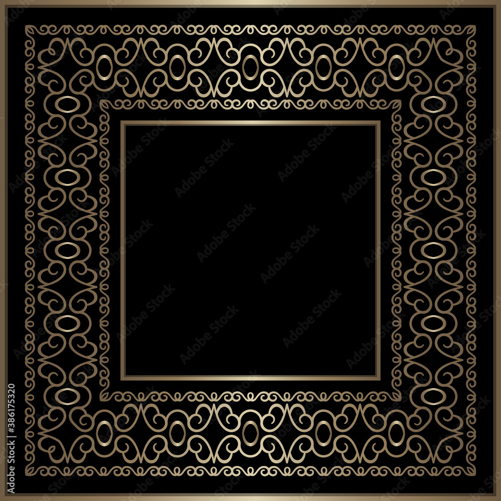 Vintage gold square frame with lace border pattern on black background ...